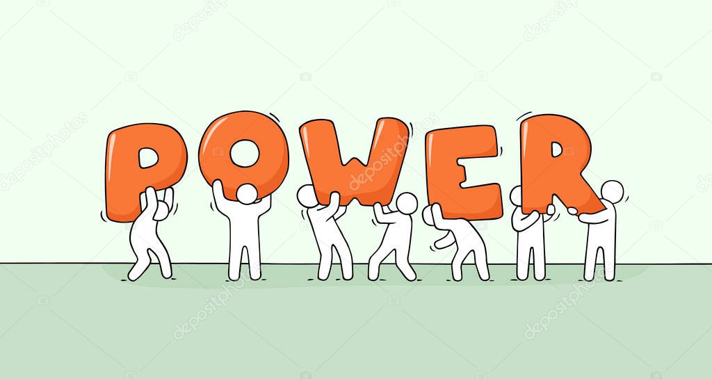 Bosquejo de gente pequeña y trabajadora con gran palabra Poder. Doodle ...