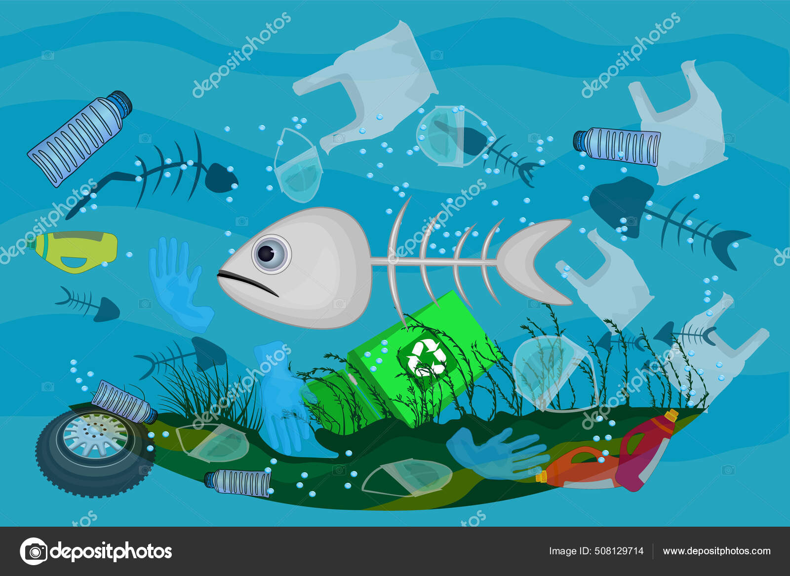 Cartoon Fish Bones And Garbage