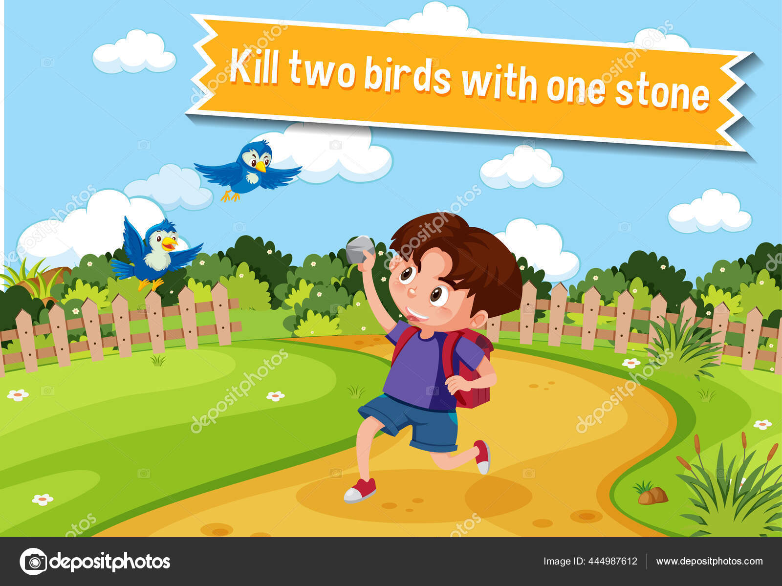 English Idiom Picture Description Kill Two Birds One Stone Illustration ...