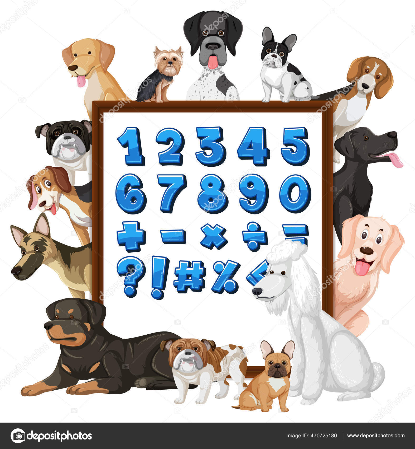 Number Math Symbols Board Many Different Types Dogs Illustration Stock ...