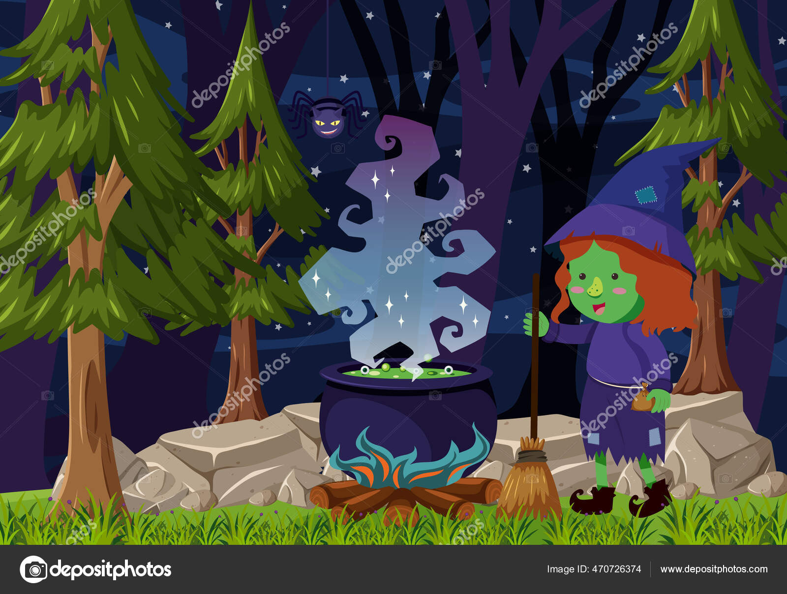 Forest Scene Night Witch Spelling Potion Pot Illustration Stock Vector ...