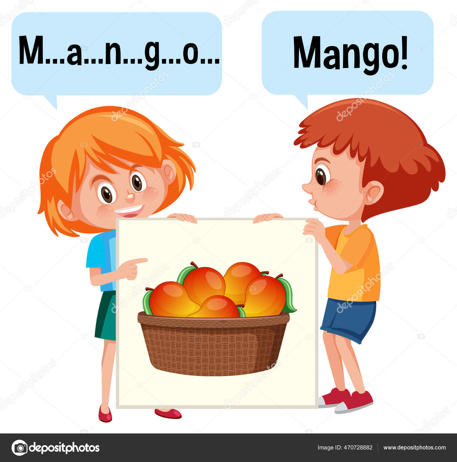 两个拼写水果词汇表的孩子的卡通角色 图库矢量图©brgfx 470728882