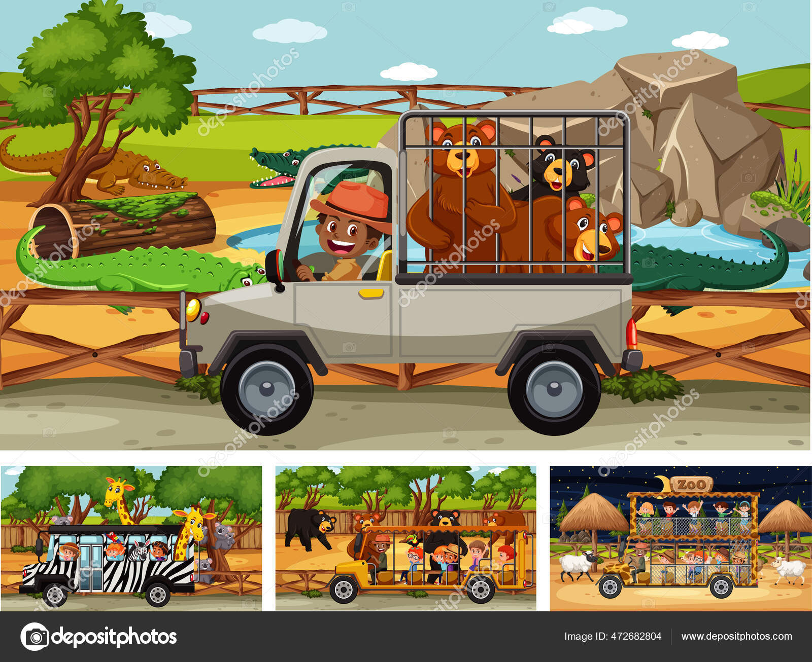 Diferentes Escenas Safari Con Animales Ilustración Personajes Dibujos ...