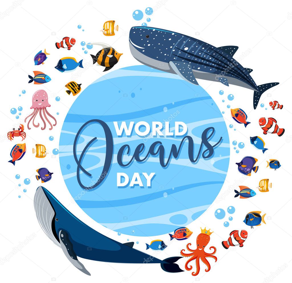 Banner del Día Mundial del Océano con muchos animales marinos ...