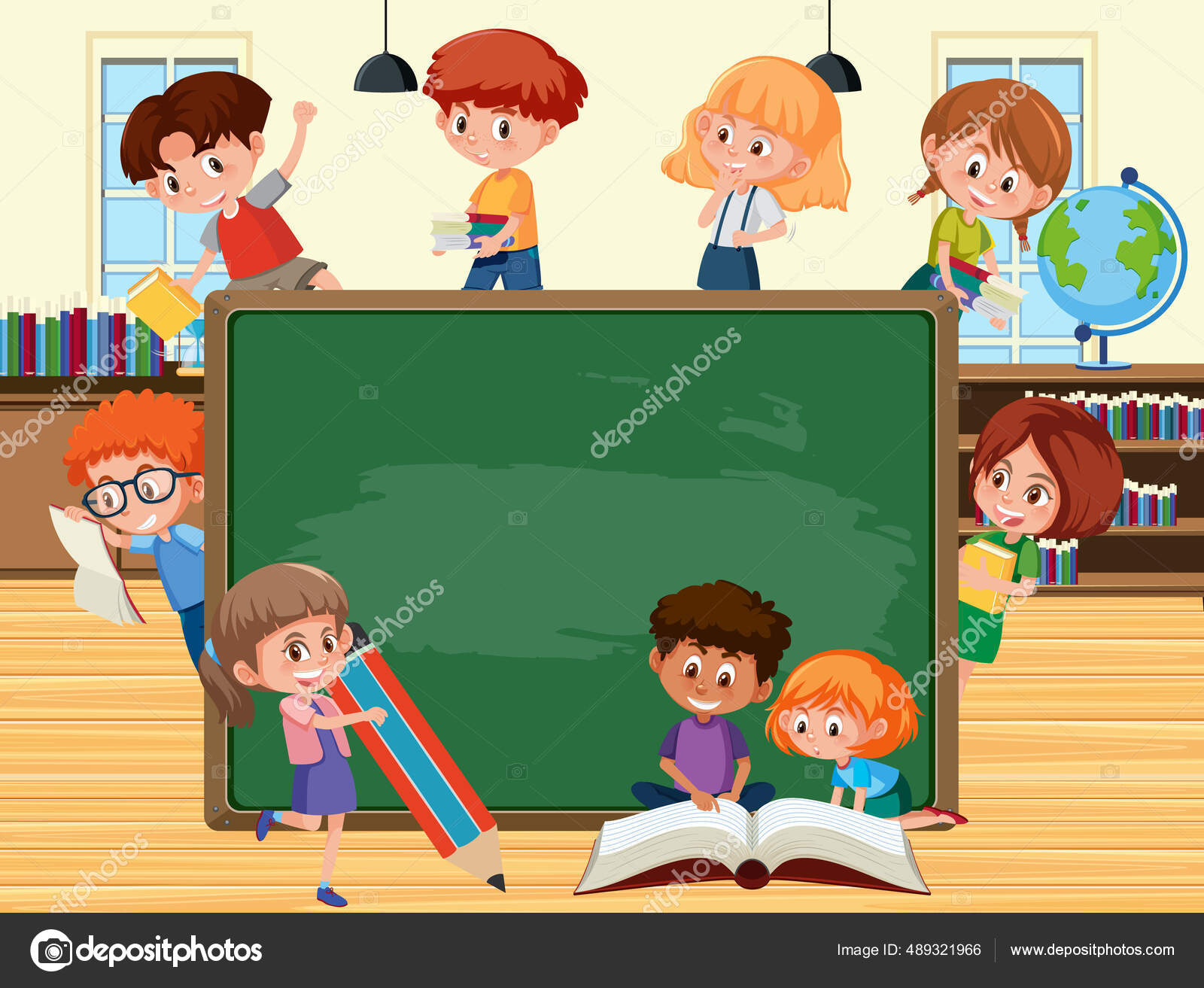 Pizarra Vacía Con Ilustración Personajes Dibujos Animados Para Muchos Niños Vector de stock ...