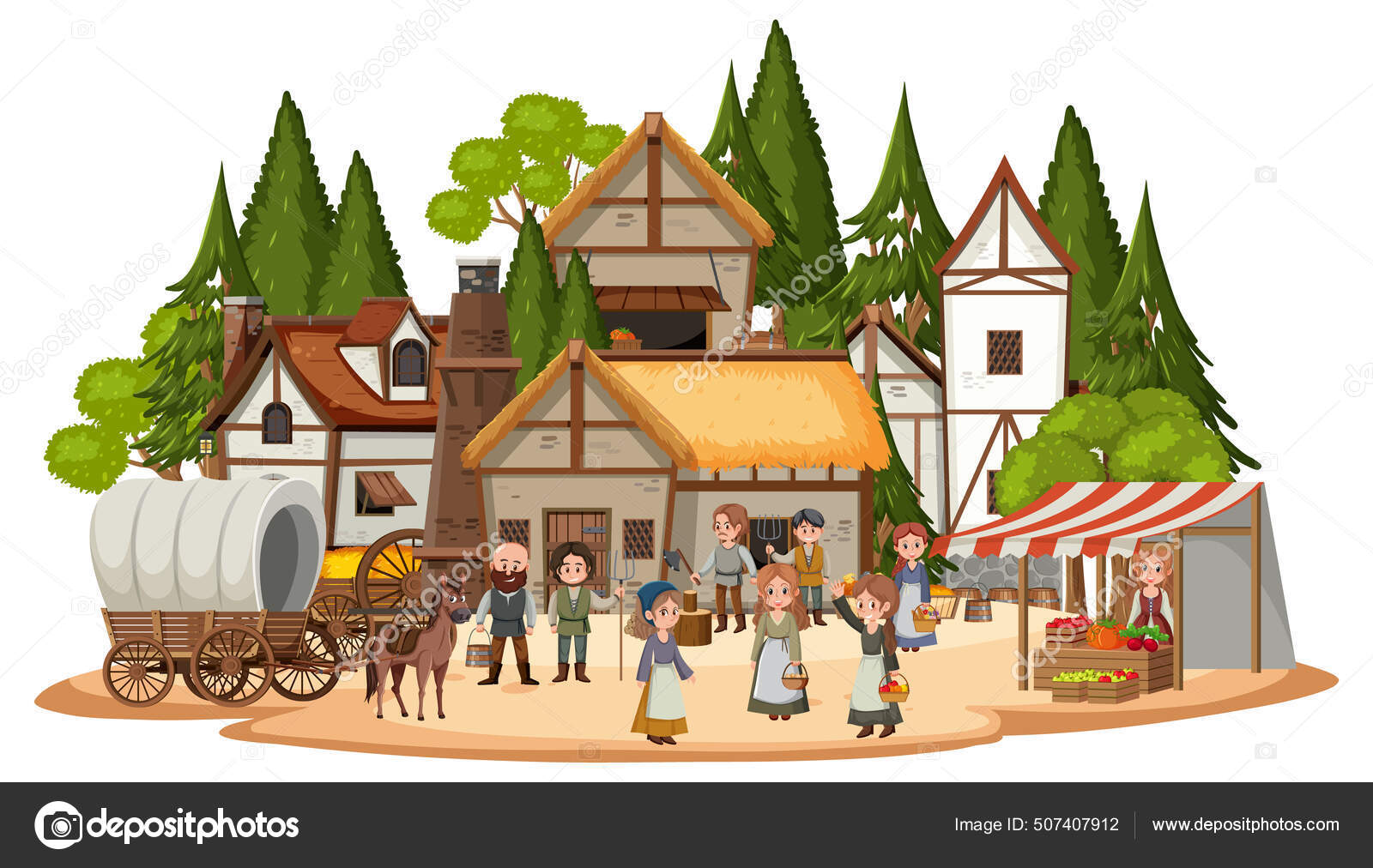 Medieval Village Villagers White Background Illustration Stock Vector ...