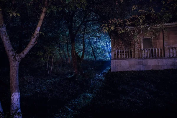 Antigua casa con un Fantasma en el bosque por la noche o Casa del Terror Embrujado Abandonado ...