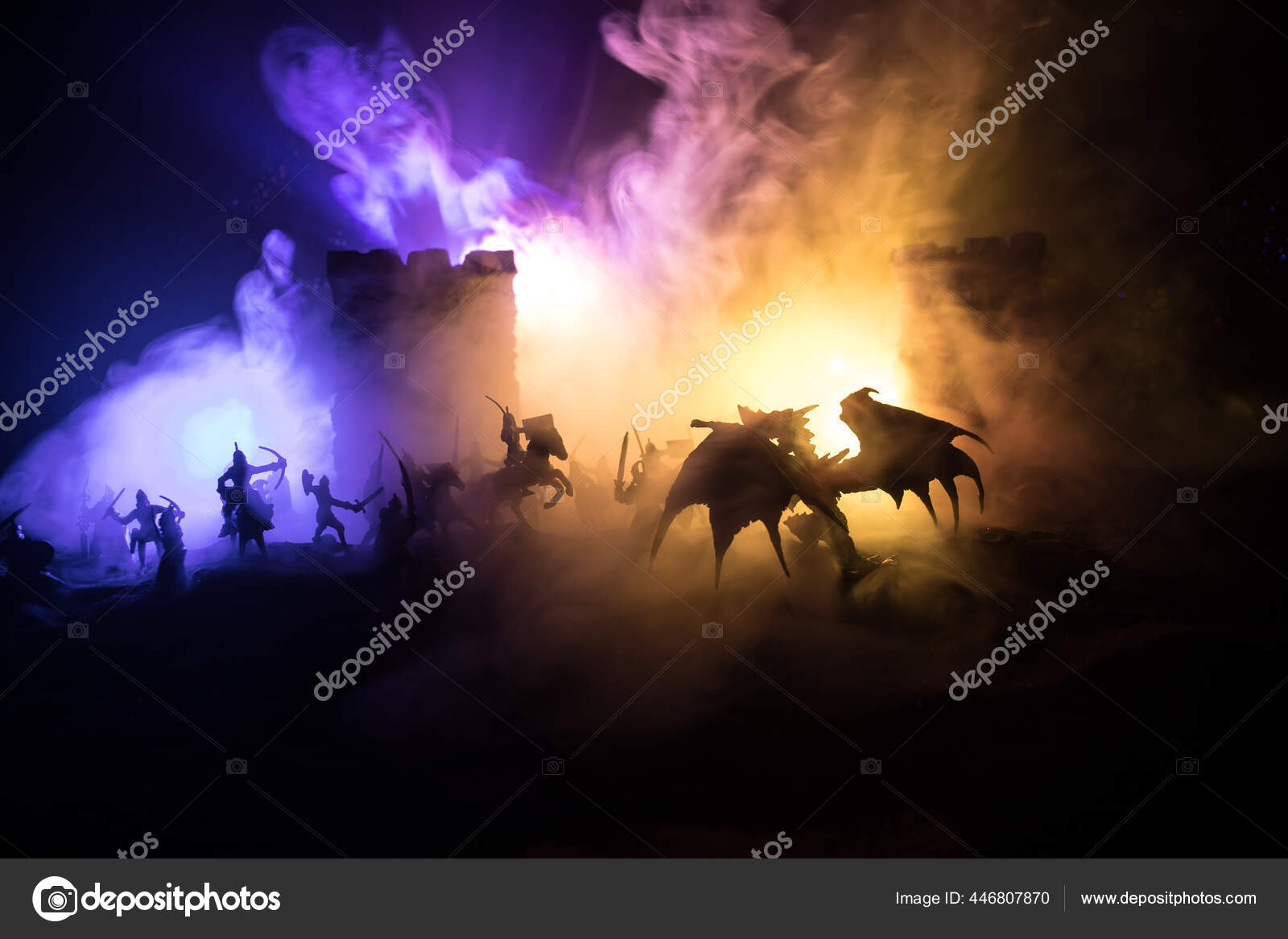 Fantasy Battle Scene Dragons Attacking Medieval Castle Night Battle ...