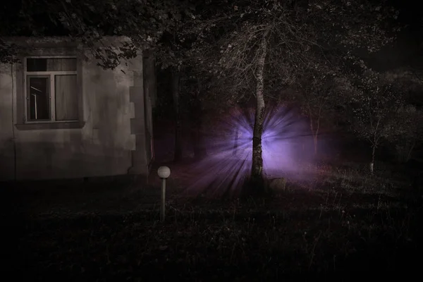 Antigua casa con un Fantasma en el bosque por la noche o Casa del Terror Embrujado Abandonado ...