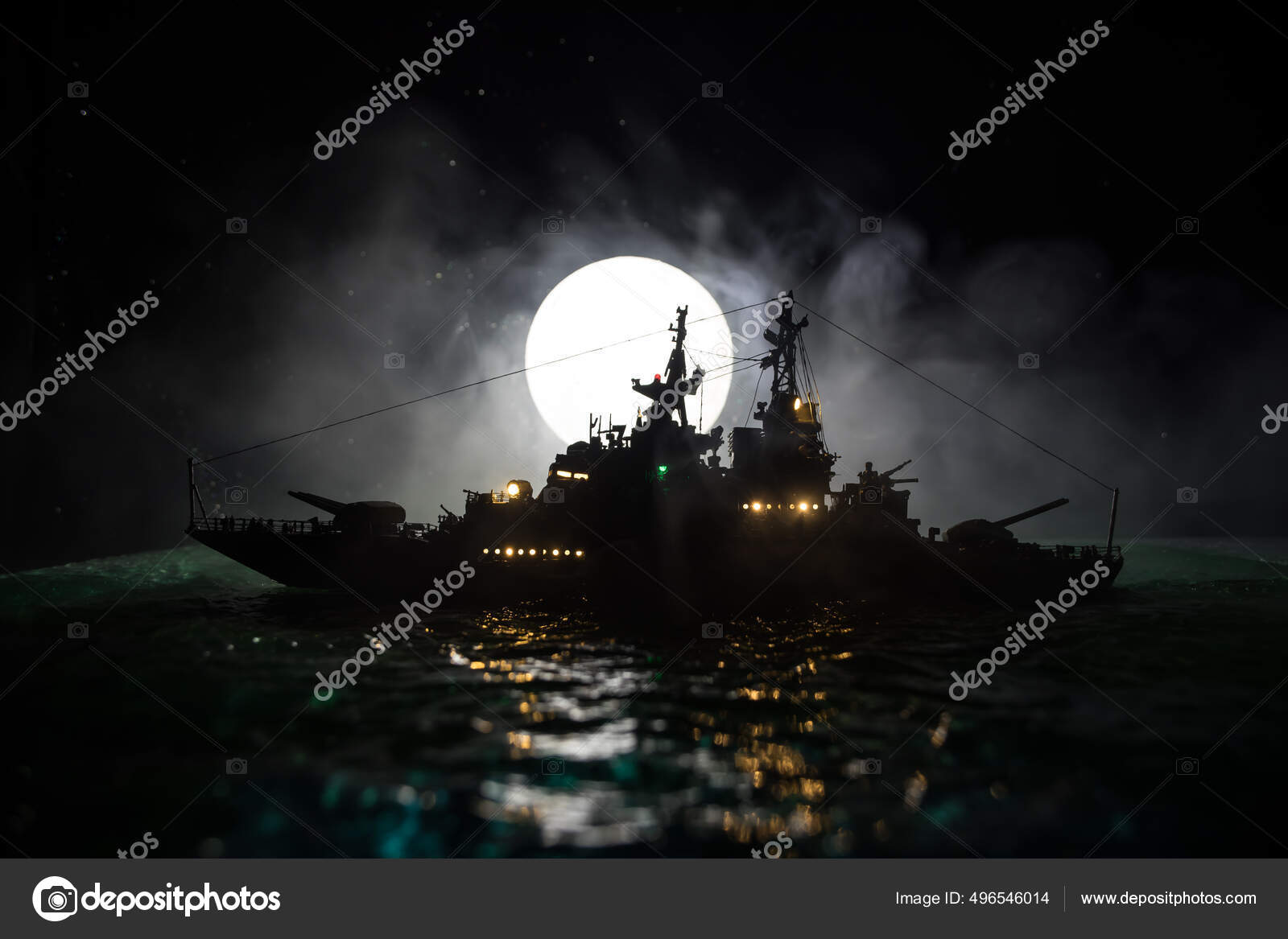 War Concept Night Battle Scene Sea Dramatic Moon Decorated Effect ...