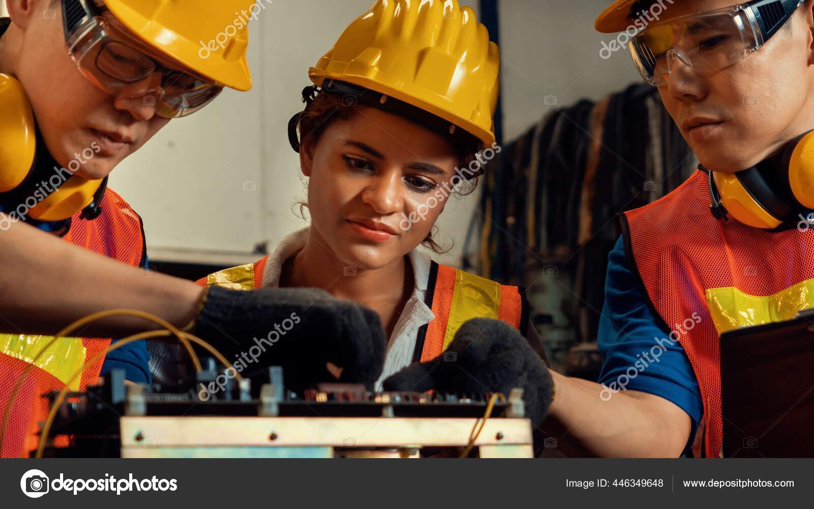 Group of skillful workers using machine equipment in factory workshop Stock Photo by ©BiancoBlue ...