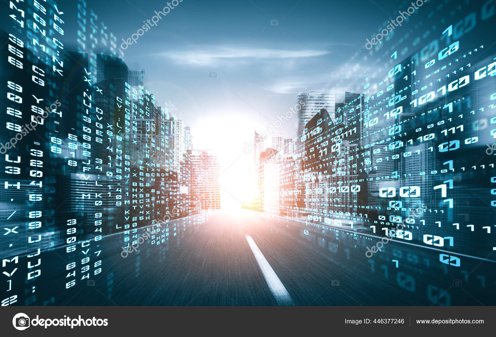 Digital data flow on road with motion blur to create vision of fast ...