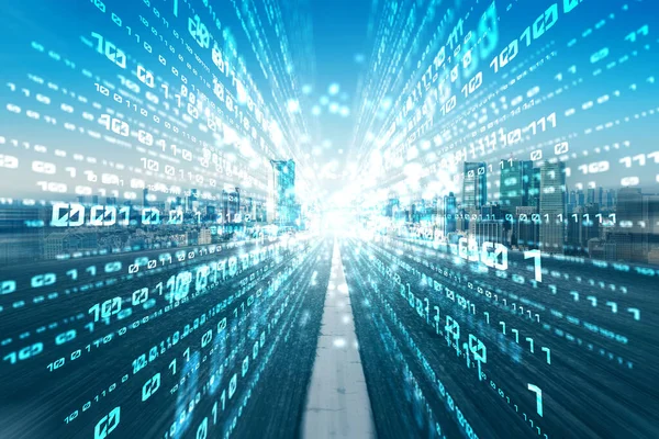 Digital data flow on road with motion blur to create vision of fast ...