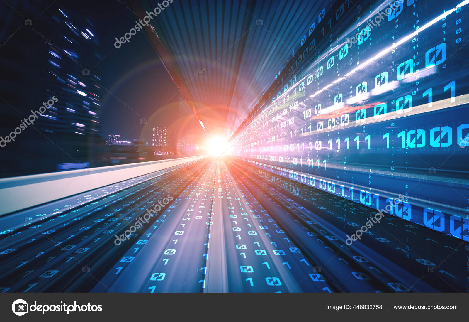 Digital data flow on road with motion blur to create vision of fast ...
