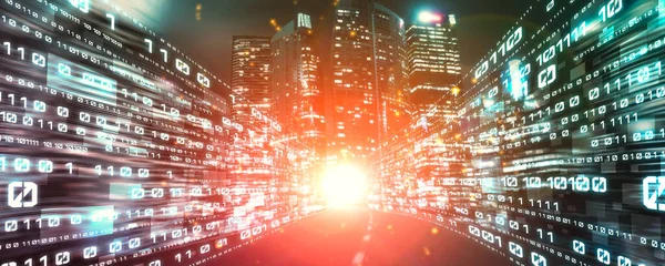 Digital data flow on road with motion blur to create vision of fast ...