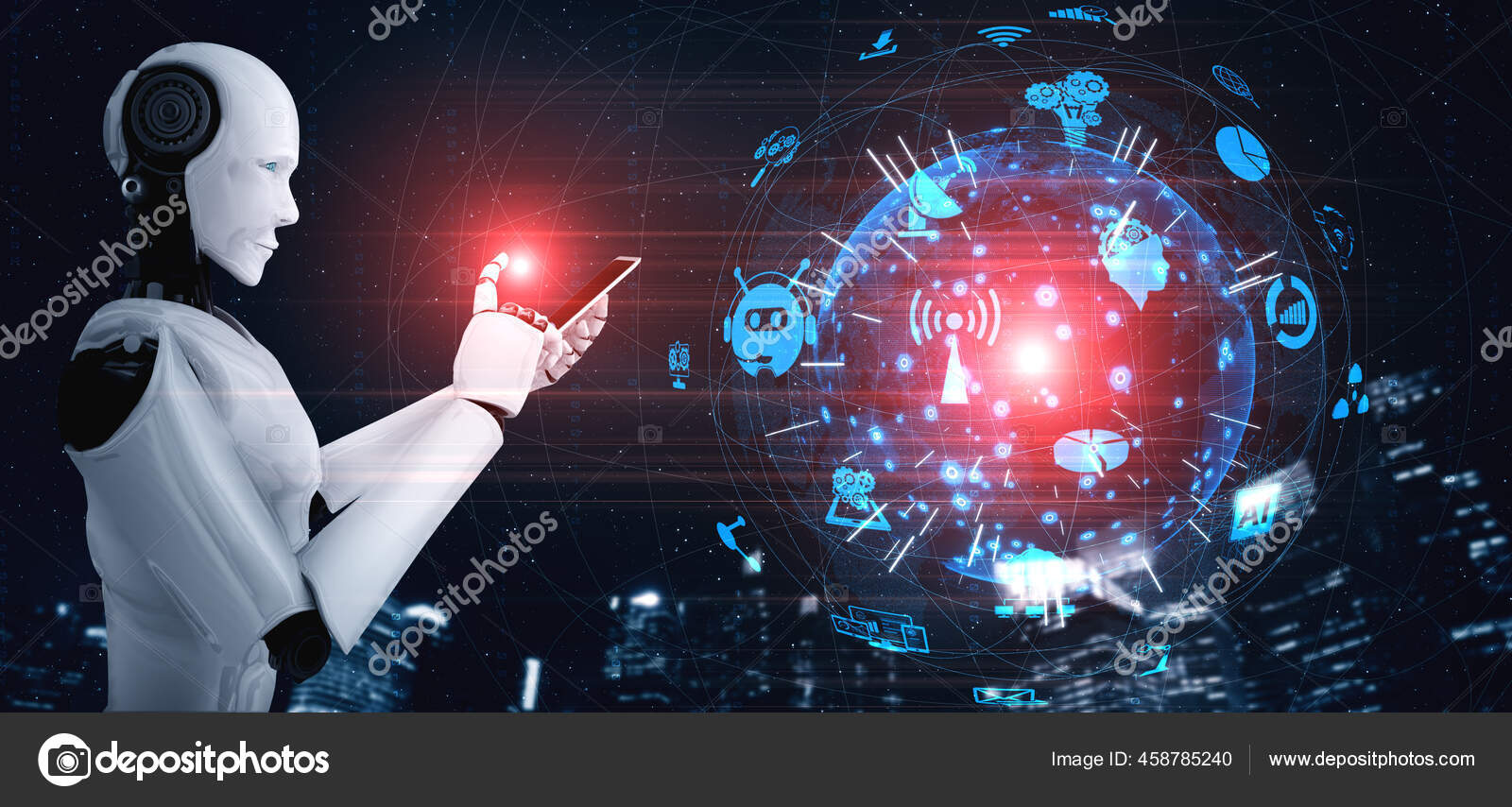 Robot humanoid use mobile phone or tablet for global network connection ...