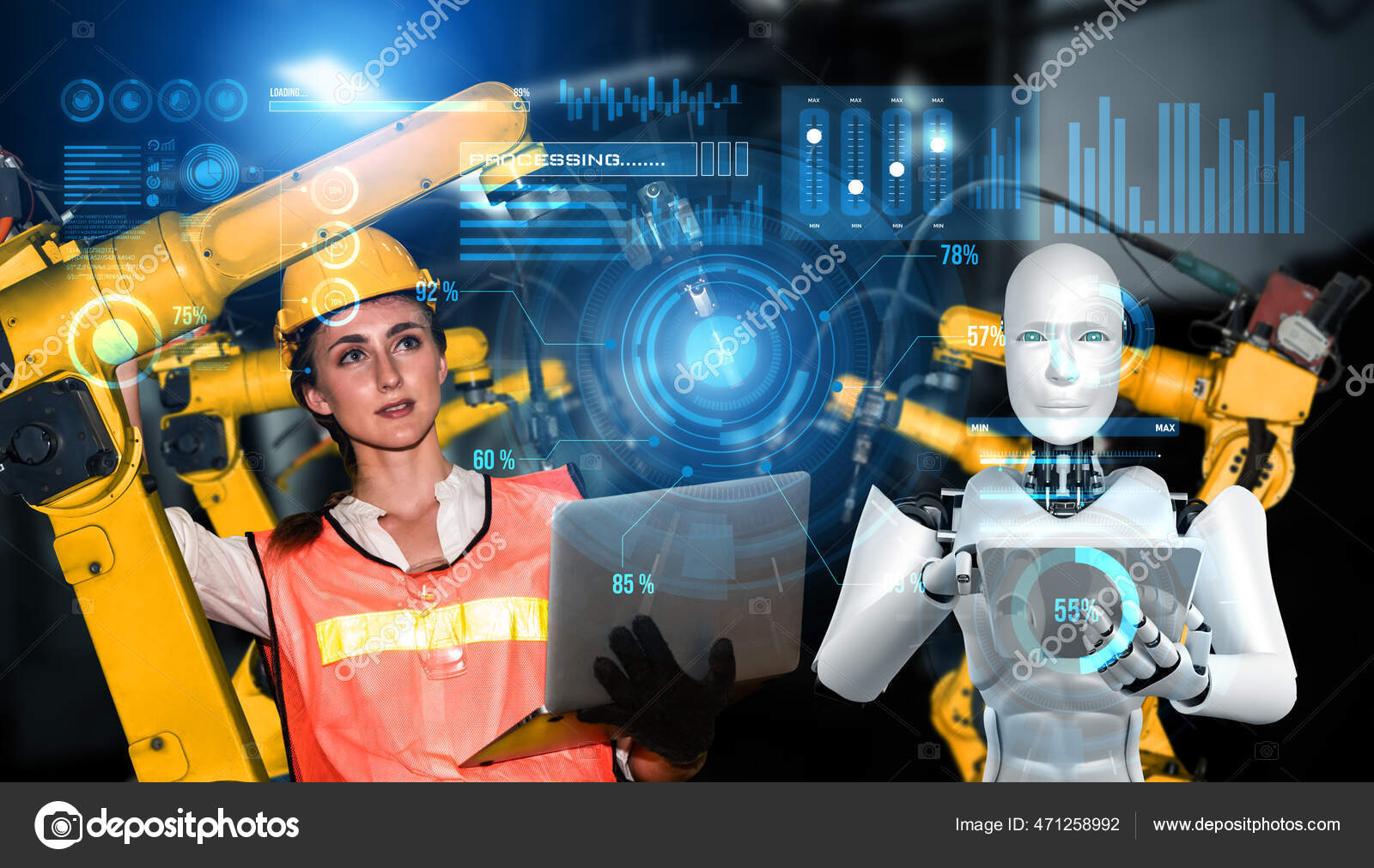 Mechanized industry robot and human worker working together in future ...