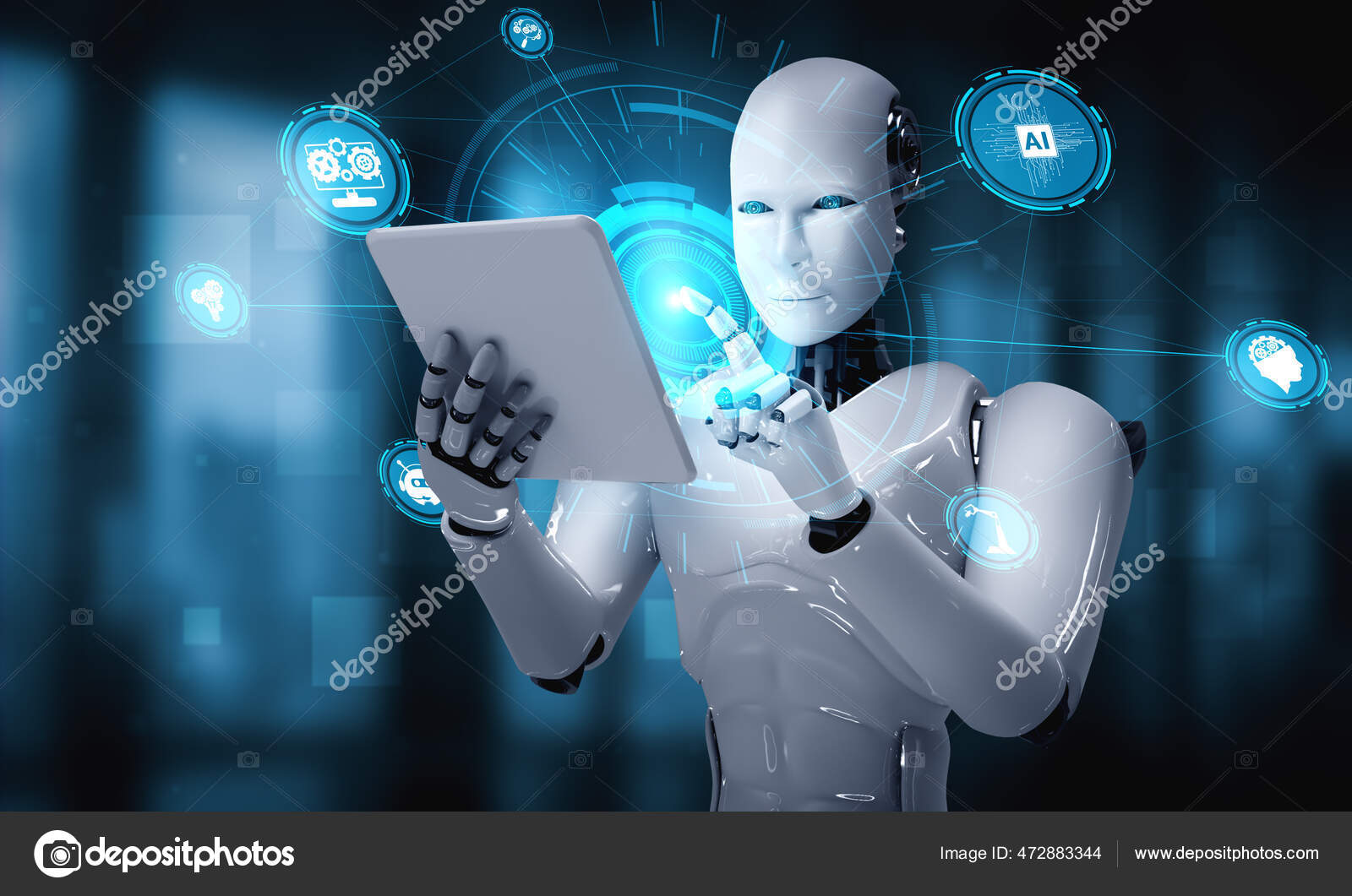 Robot humanoid using tablet computer in concept of AI thinking brain ...