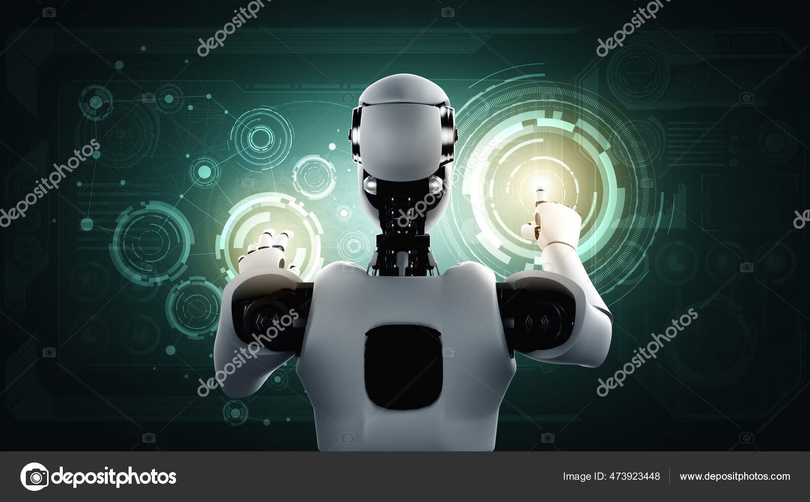 AI humanoid robot touching virtual hologram screen showing concept of ... AI humanoid robot touching virtual hologram screen showing concept of ...