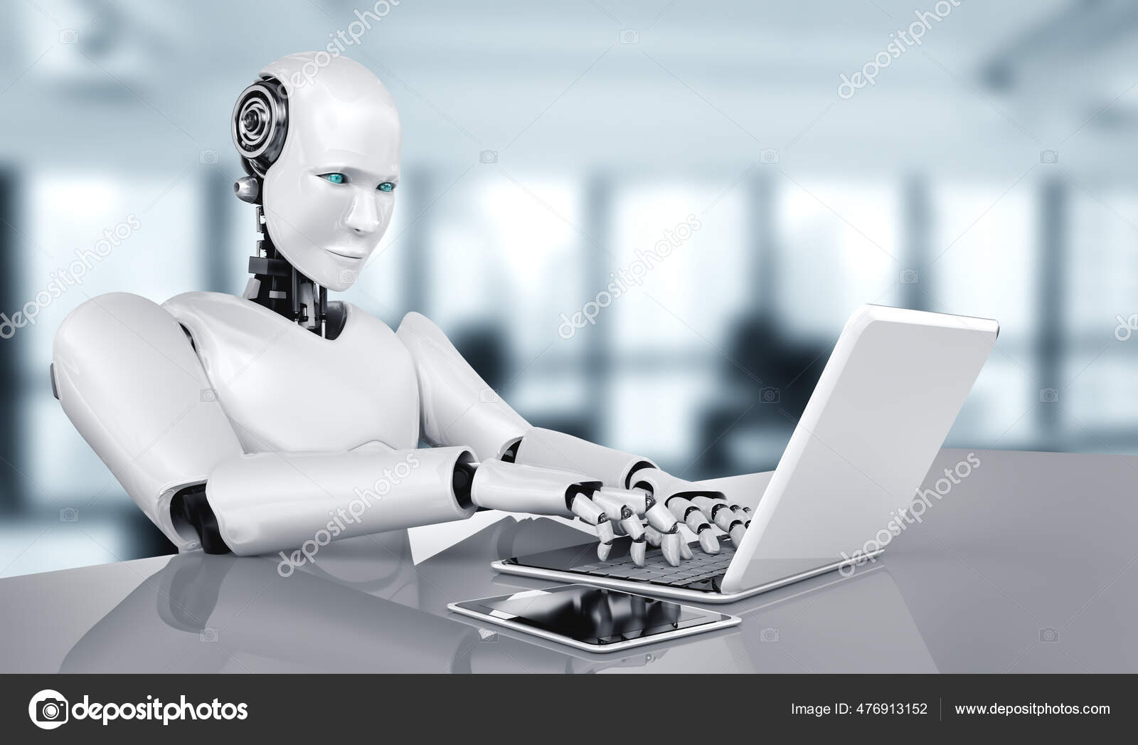 Robot humanoid use laptop and sit at table in future office — Stock ...