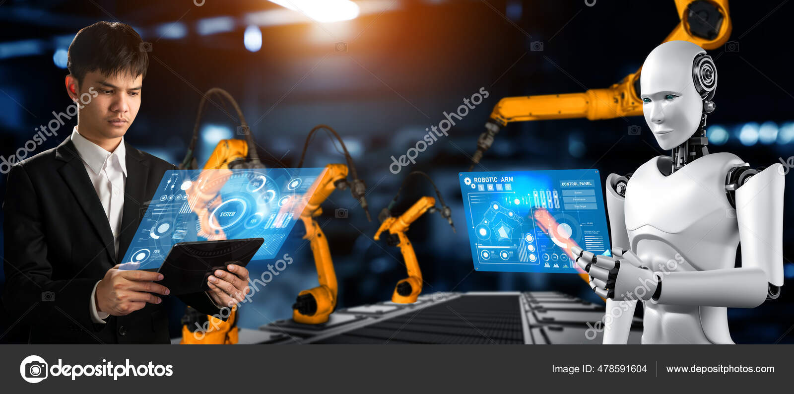Mechanized industry robot and human worker working together in future ...