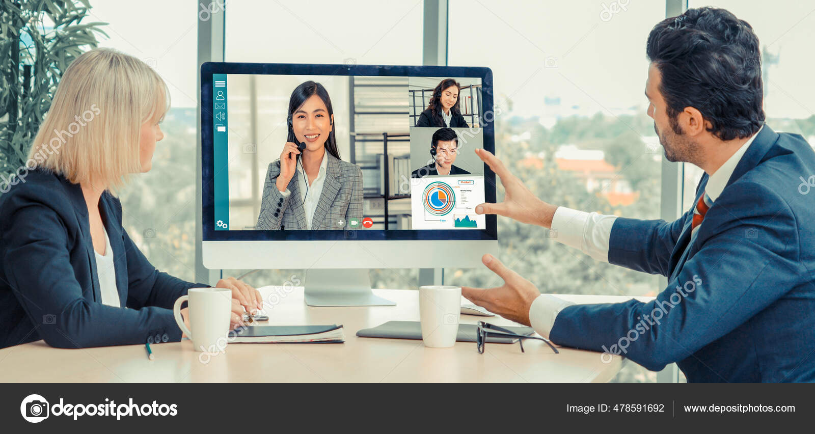 Video call group business people meeting on virtual workplace or remote ...