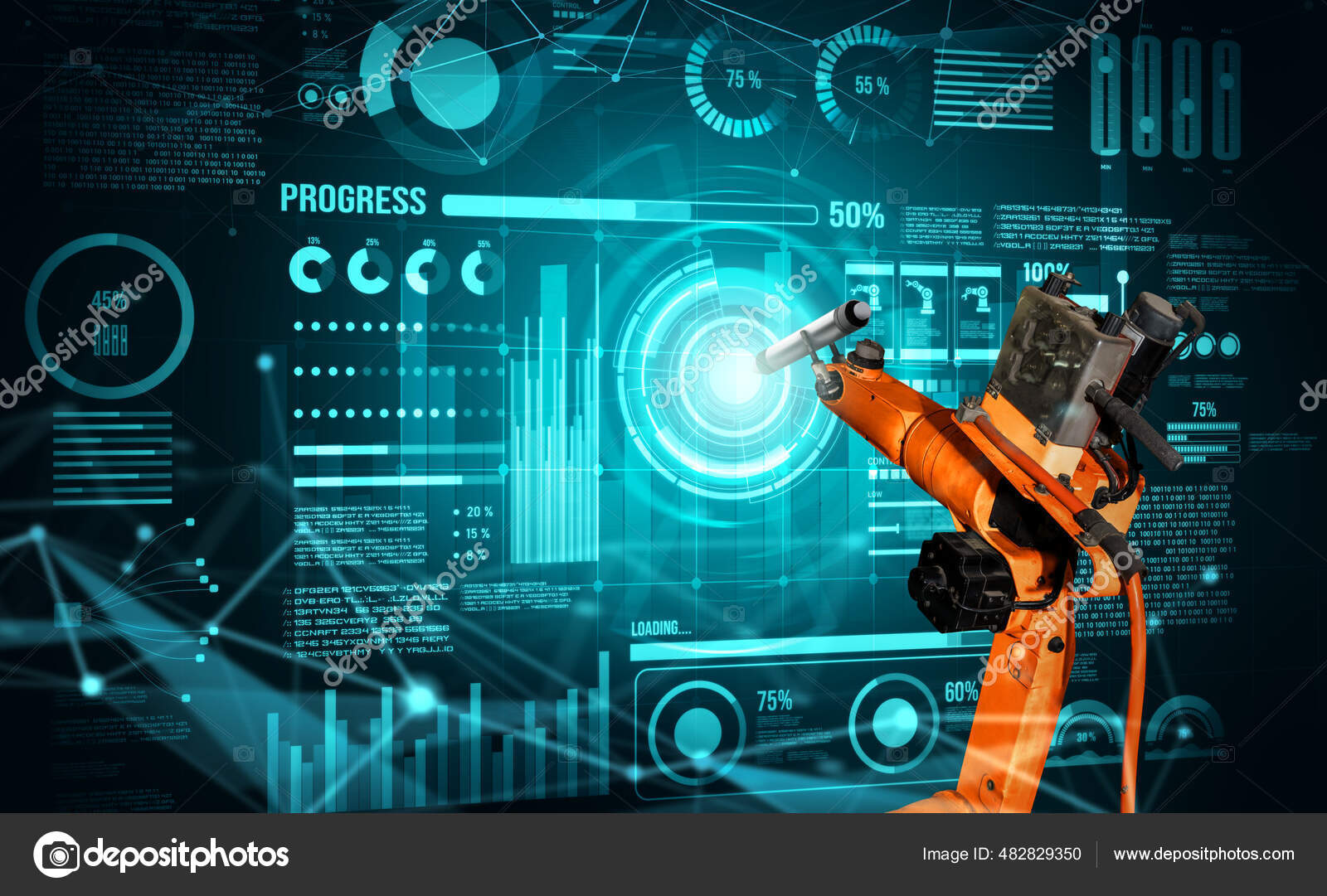 Robot arm AI analyzing mathematics for mechanized industry problem ...